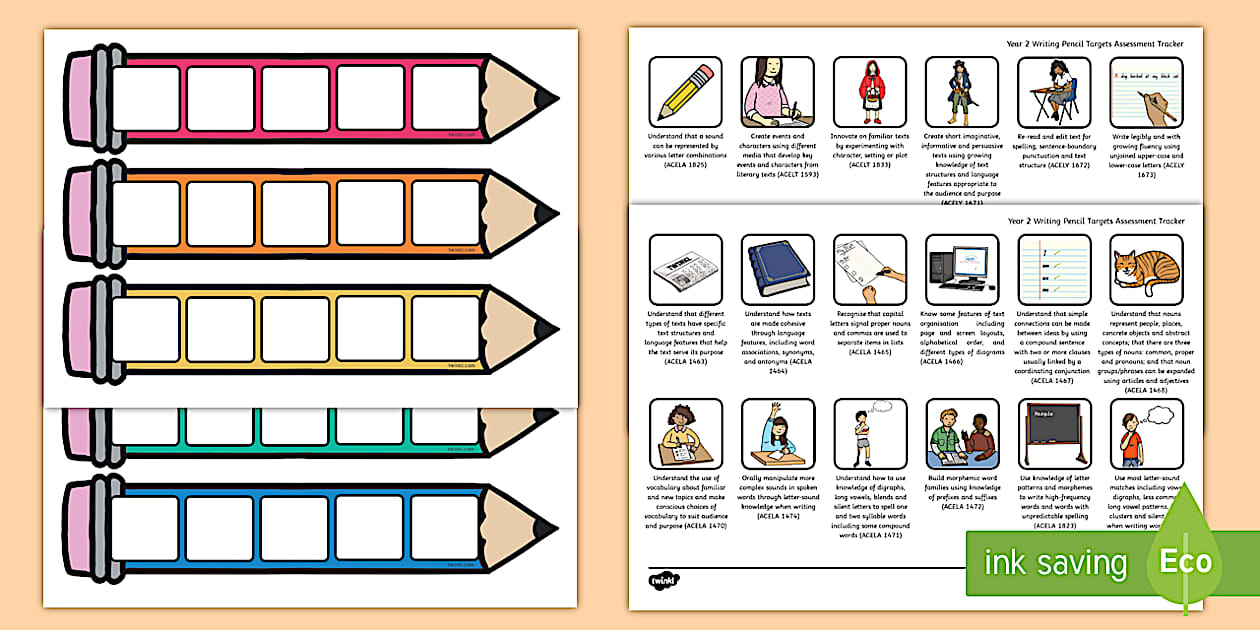 Year 2 Writing Pencil Targets Assessment Tracker - Twinkl