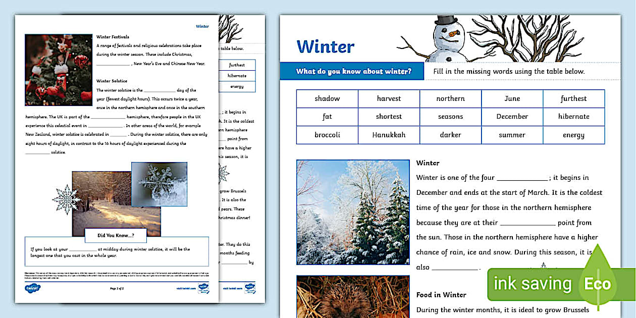 Winter Cloze Worksheet (teacher made) - Twinkl