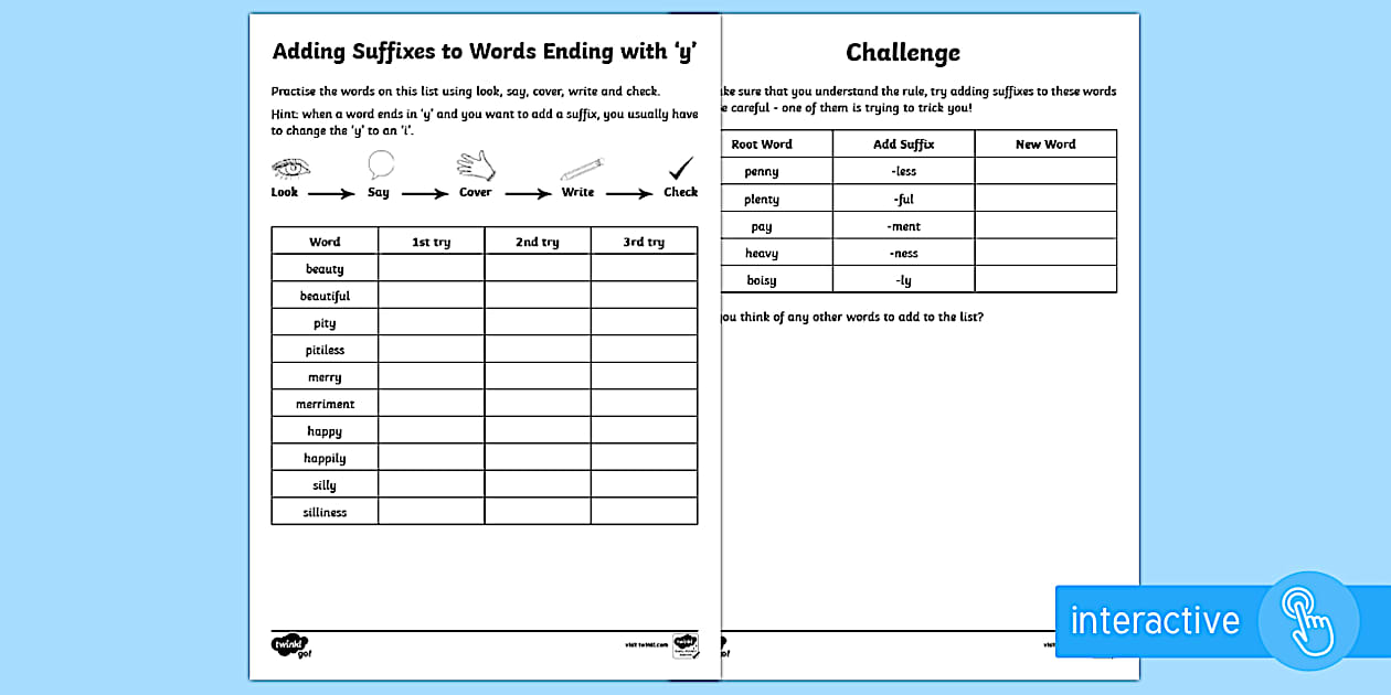 Adding Suffixes to Words Ending in 'y' Spelling Activity Sheet