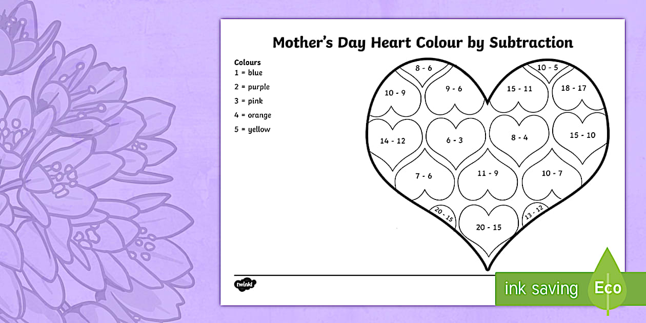 Mother\'s Day Heart Subtraction Colouring Page - Twinkl