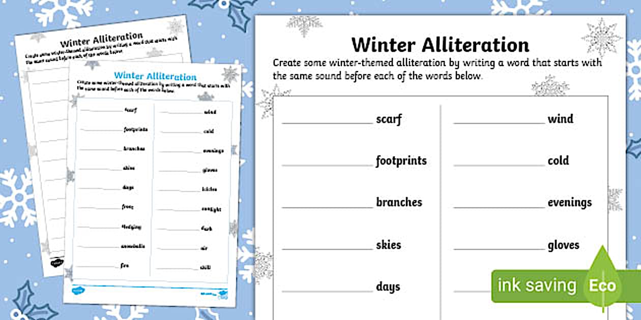 Winter Alliteration Worksheet (teacher made) - Twinkl