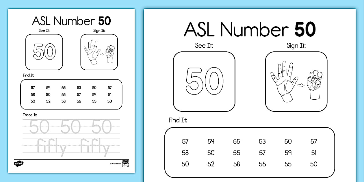 ASL Number 50 Worksheet (teacher made) - Twinkl