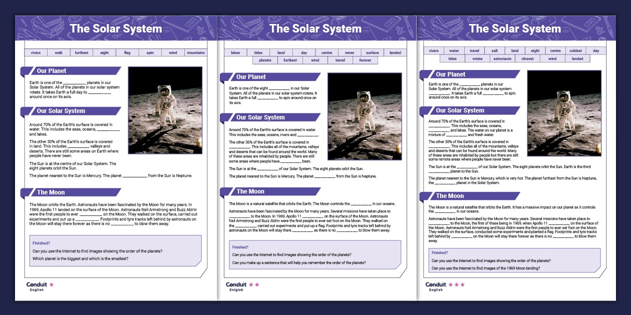 Reinforcing Reading: Solar System Cloze Passages - Twinkl