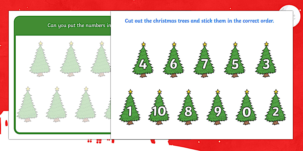 Black and White Christmas Tree Number Ordering Activity 0-10