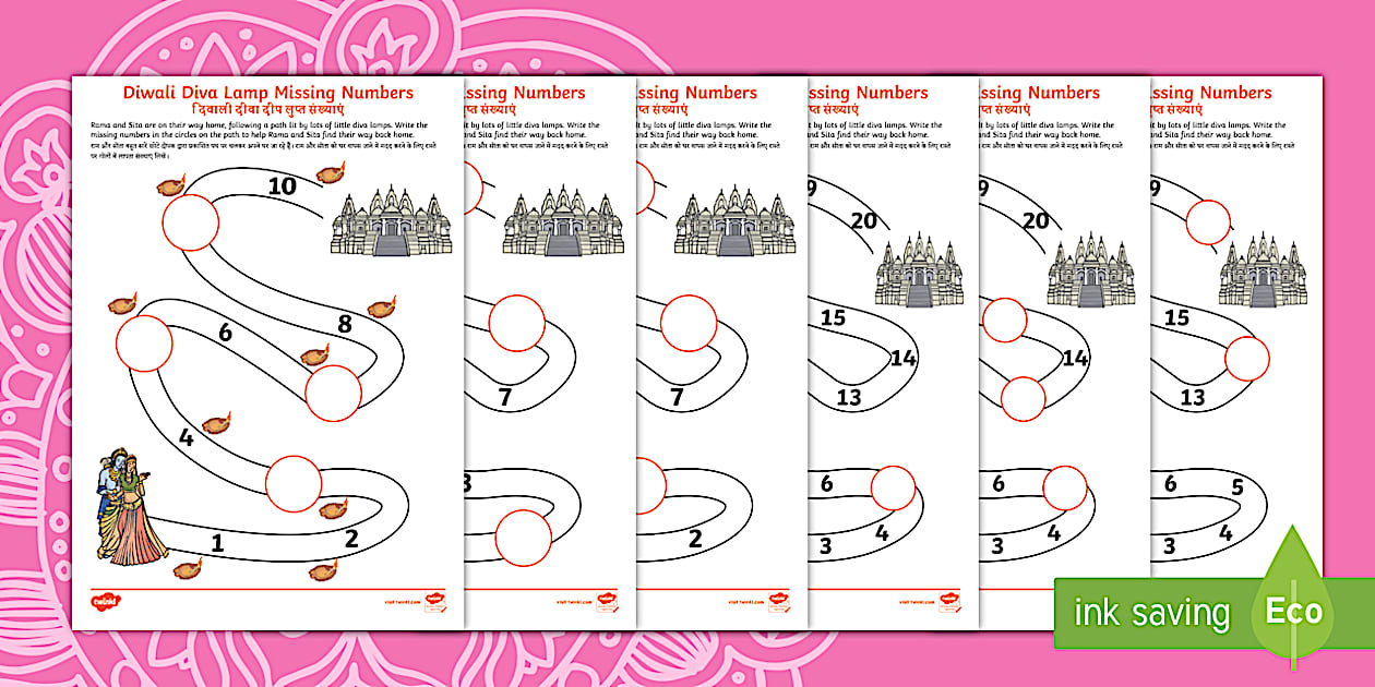 Diwali Diva Lamp Missing Numbers Worksheets - English / Hindi