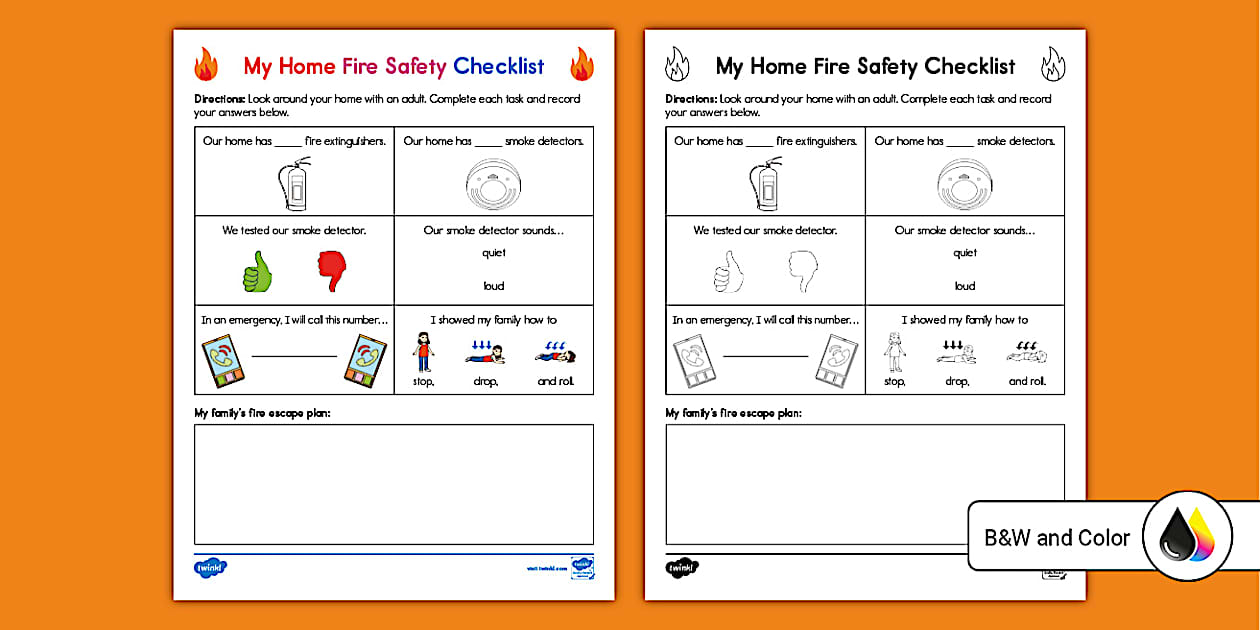 My Home Fire Safety Checklist Worksheet (teacher made)