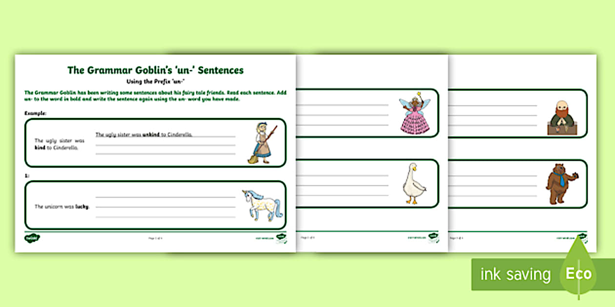 Black and White The Grammar Goblin's 'un-' Sentences Worksheet