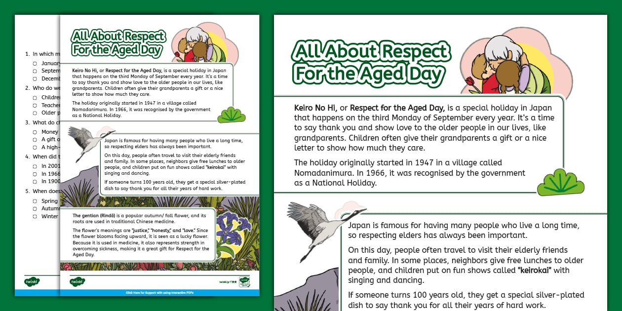 敬老の日の歴史 英語の読解/リーディングアクティビティ Respect for the Aged Day English Reading