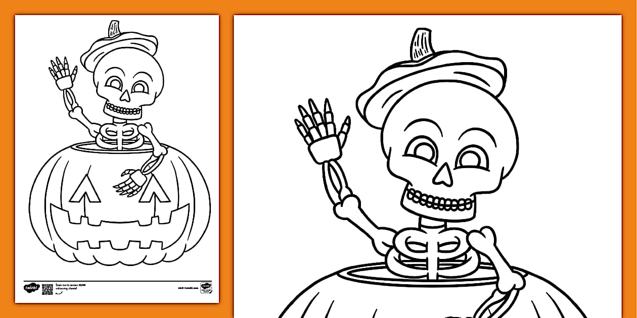 Skeleton Pumpkin Colouring Page (Teacher-Made) - Twinkl