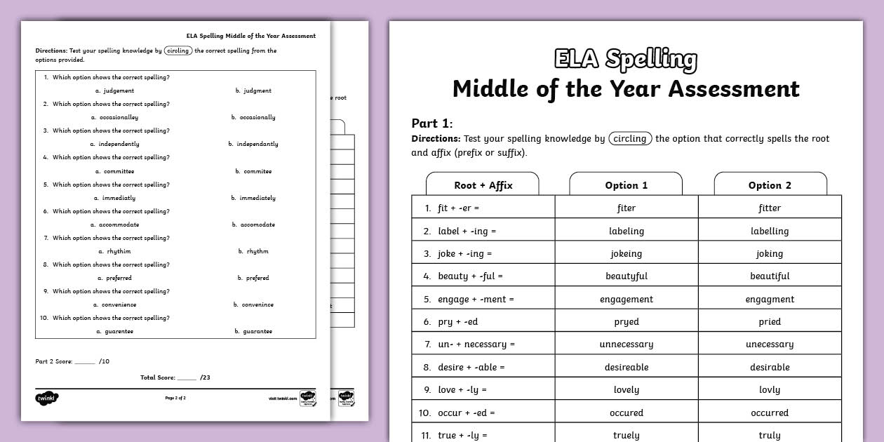 Sixth Grade ELA Spelling Middle of the Year Assessment