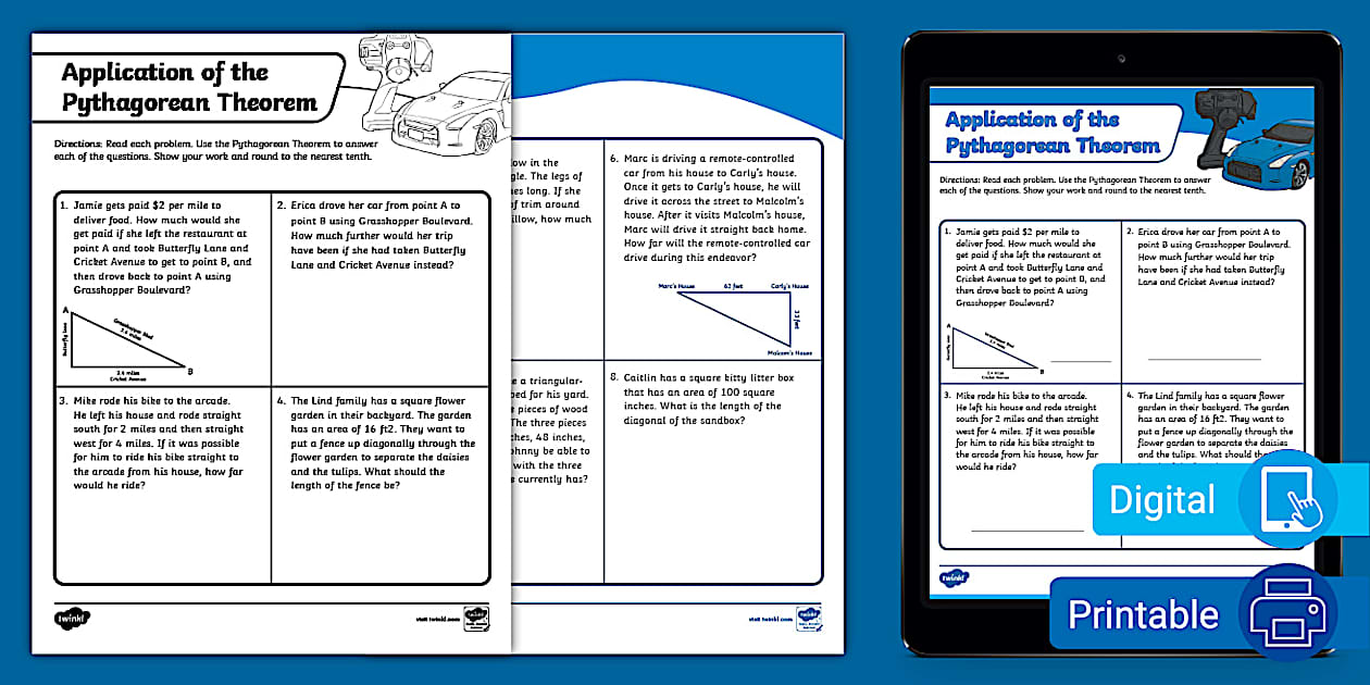 Eighth Grade Application of the Pythagorean Theorem Practice Worksheet