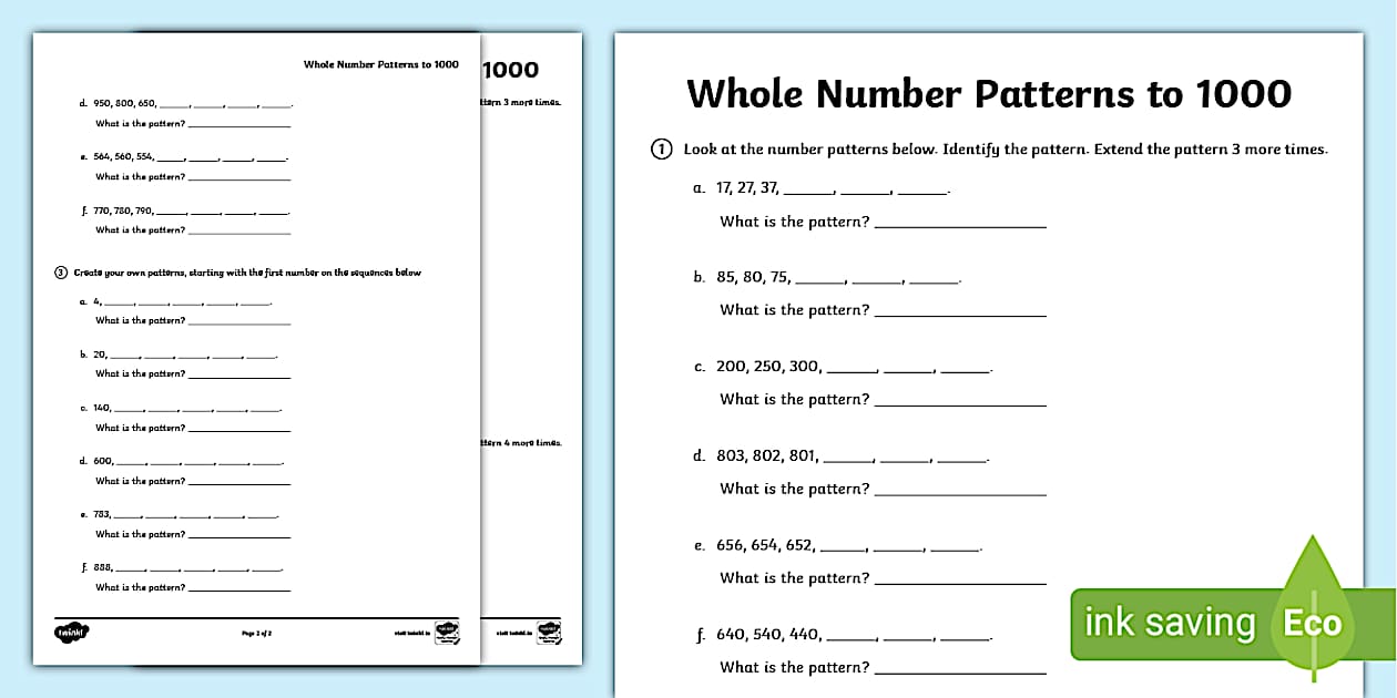 Algebra Whole Number Sequences to 1000 Activity Sheet 3rd
