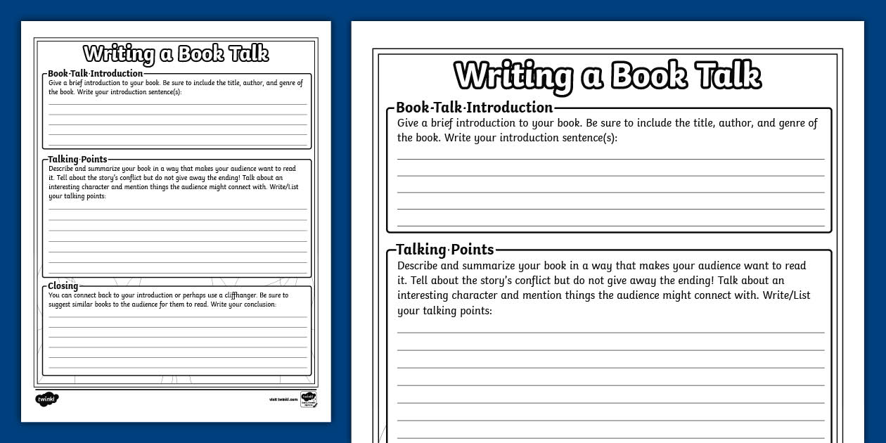 Writing a Book Talk Worksheet for 6th-8th Grade - Twinkl