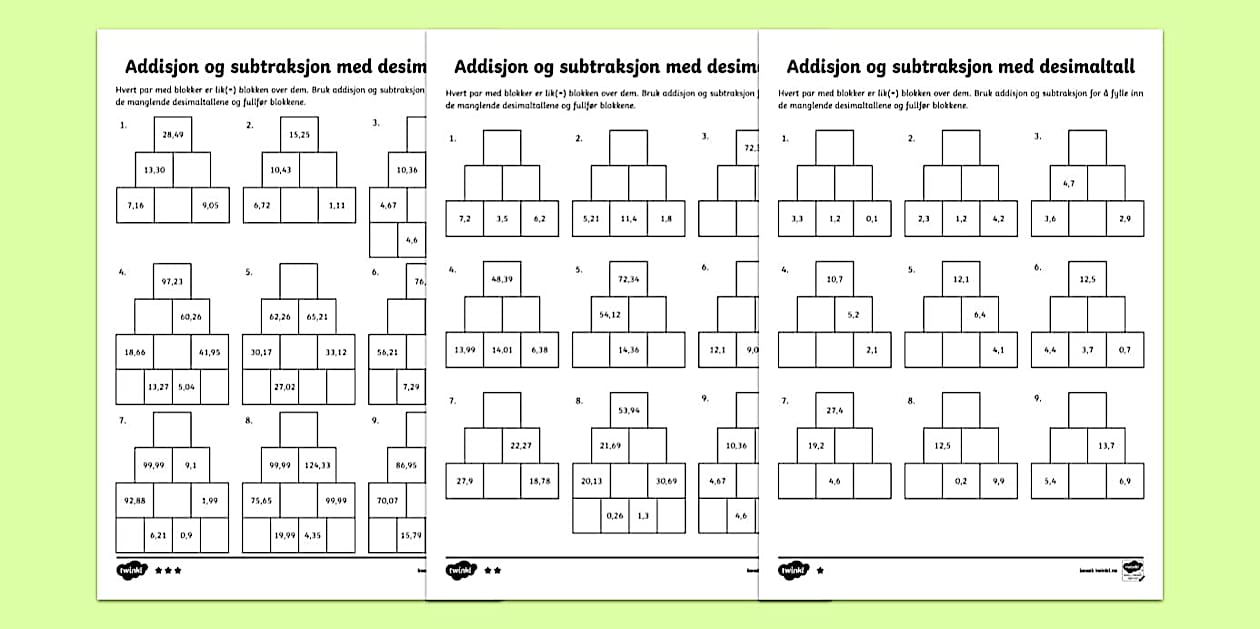 Addisjon og subtraksjon med desimaltall | Arbeidsark