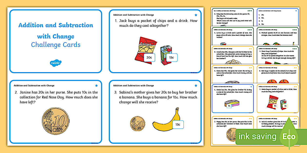 Addition and Subtraction with Change Euros and Cents Challenge Cards