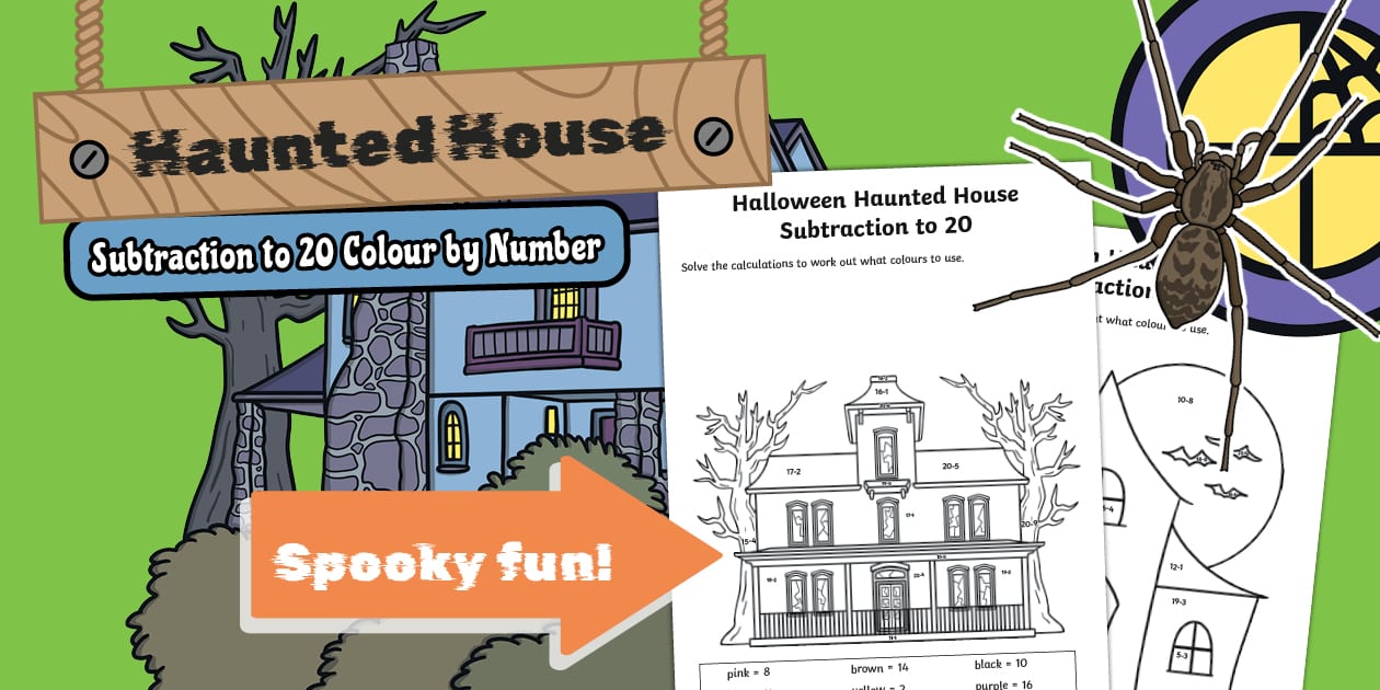 Halloween Haunted House Subtraction to 20 Colour by Number Worksheet