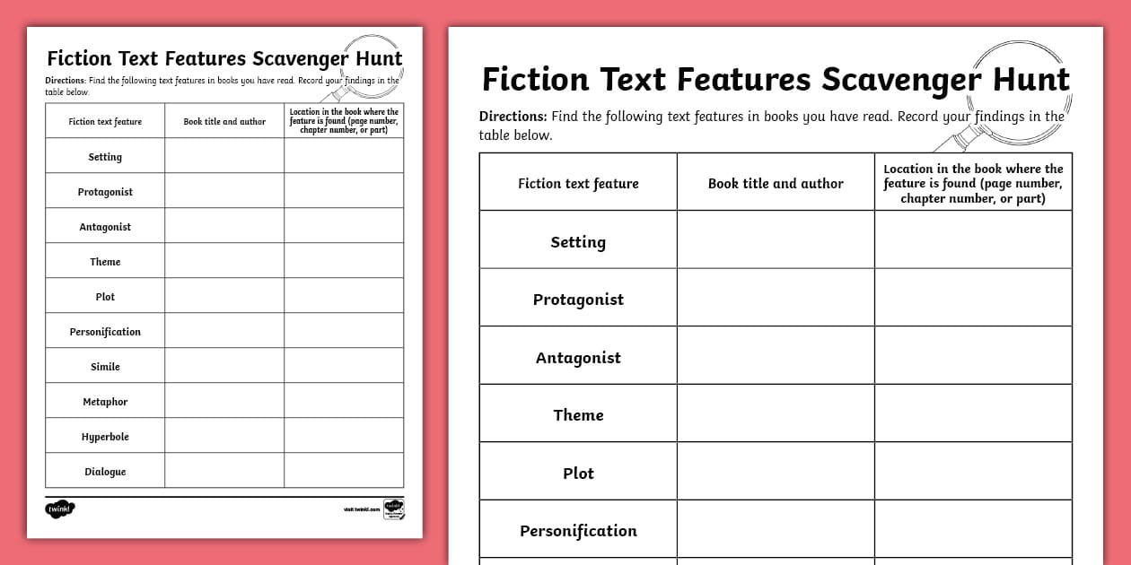 Third Grade Fiction Text Features Scavenger Hunt - Twinkl