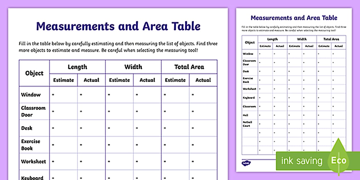 Editable Measurements and Area Table Worksheet - Twinkl