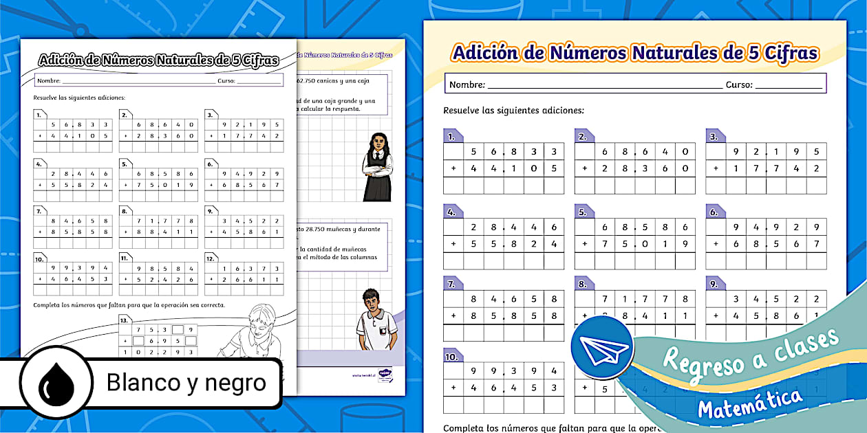 sumas | adición | decena de mil | 5 cifras | sumar | sumando