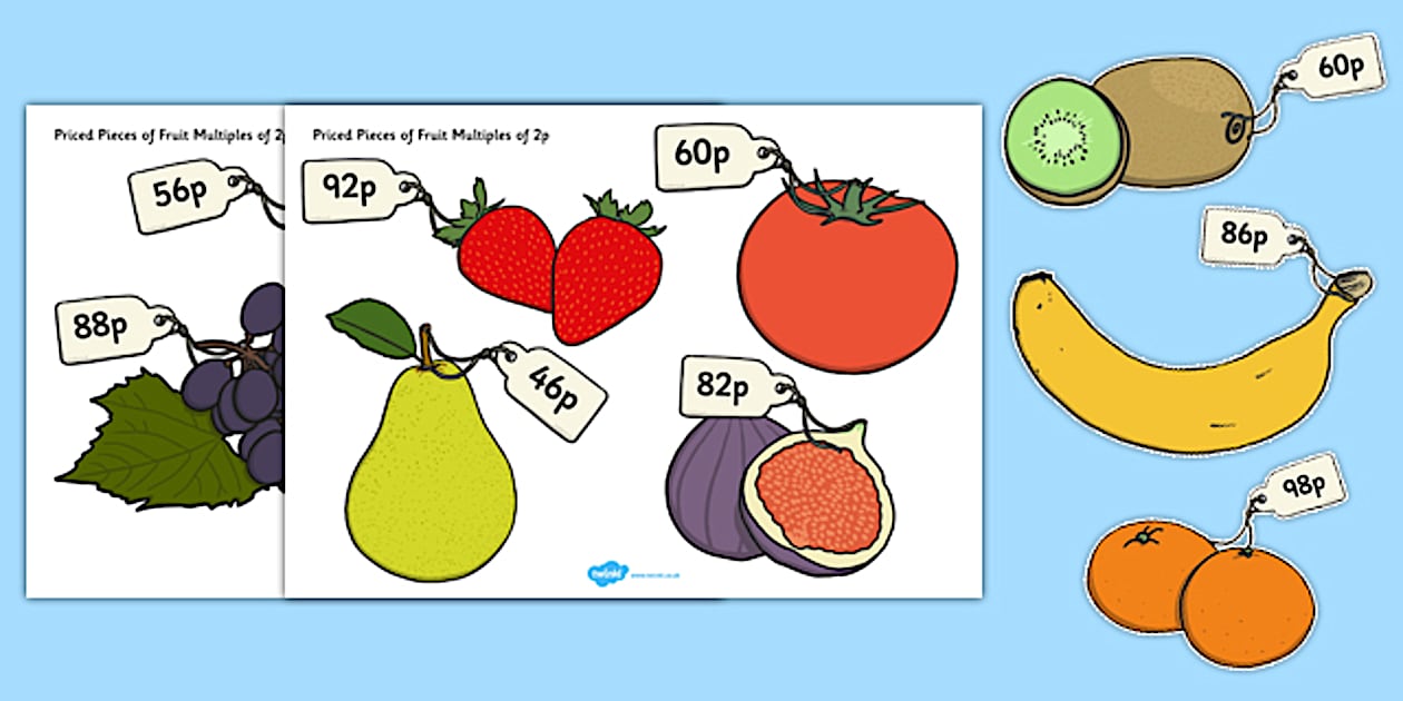 Editable Priced Pieces of Fruit Cut-outs Multiples of 2p