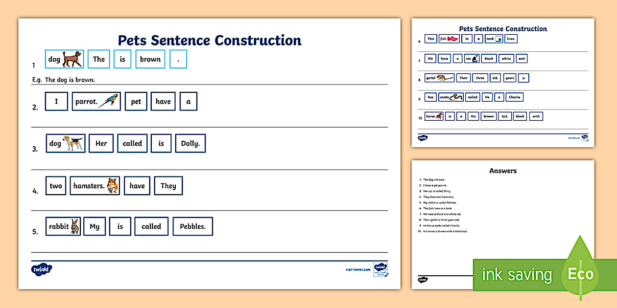 Editable Pets Sentence Construction Worksheet - Twinkl