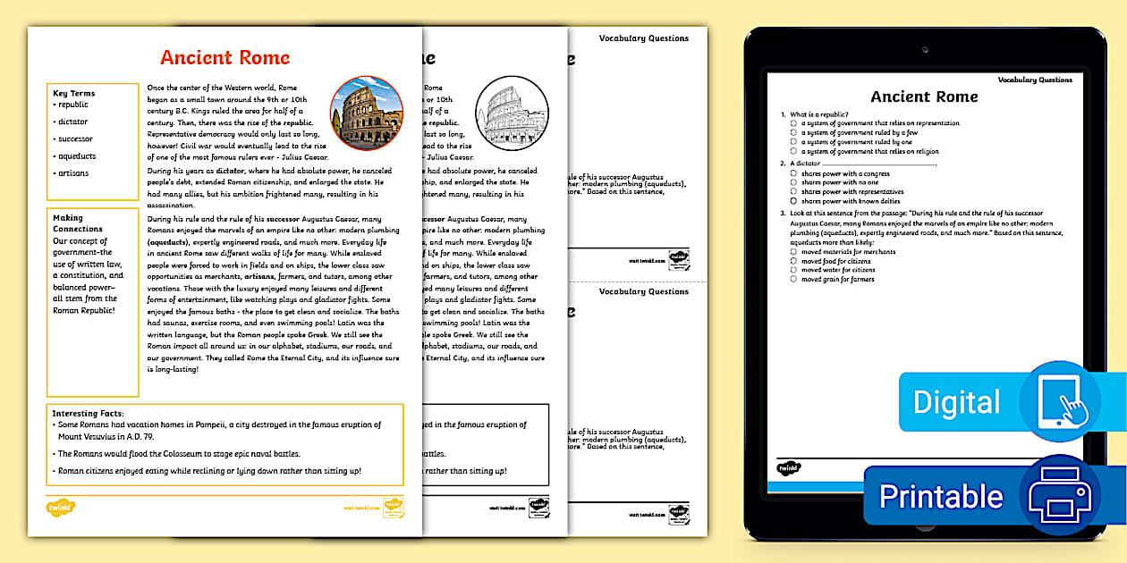 Fifth Grade Ancient Rome Fact File and Vocabulary Questions