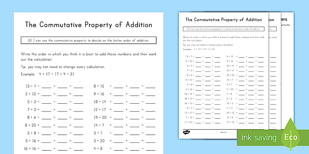 Commutative Property of Addition Worksheet - Math - Twinkl