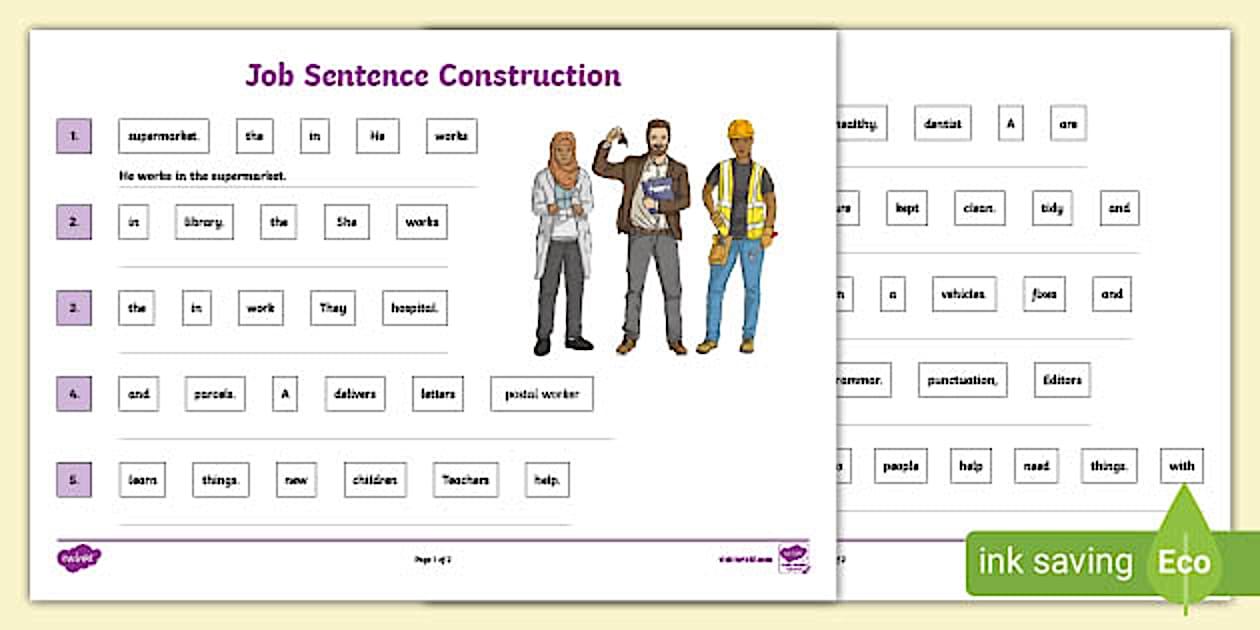 Editable Jobs Sentence Construction Worksheet - Twinkl