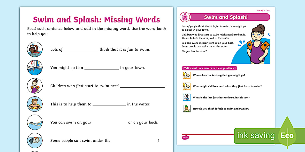 Editable Level 3: 'Swim and Splash' 60-Second Reading Set 1 ...