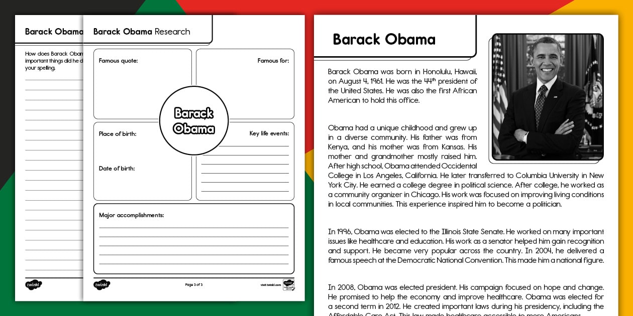 Barack Obama Biography Passage and Worksheets for 3rd-5th Grade