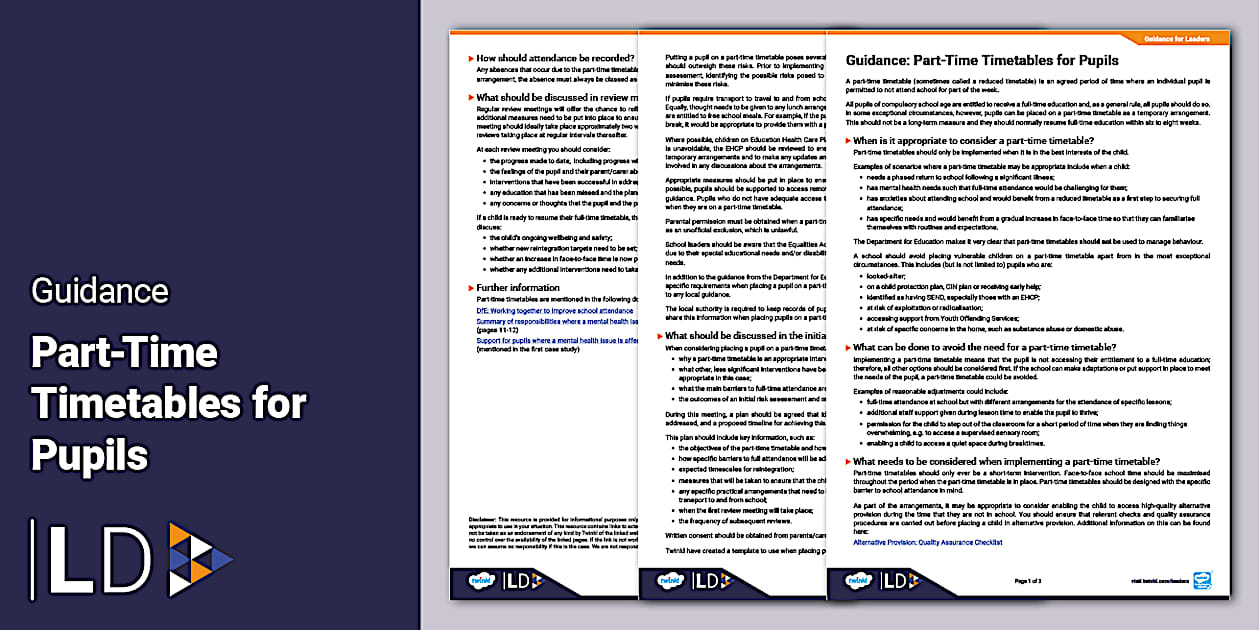 Guidance: Part-Time Timetables for Pupils - leaders - Twinkl