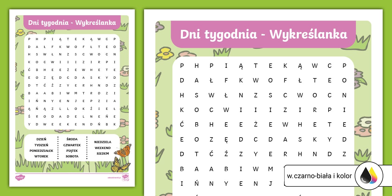 Dni tygodnia | Wykreślanka | Kalendarz (teacher made)