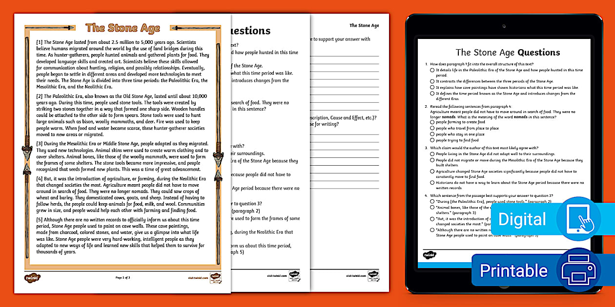 6th Grade Stone Age Comprehension Craft & Structure Activity