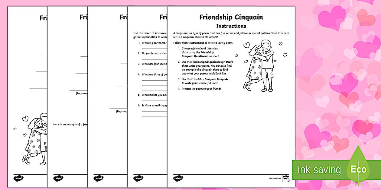 Friendship Cinquain Poem Writing Resource Pack - Twinkl