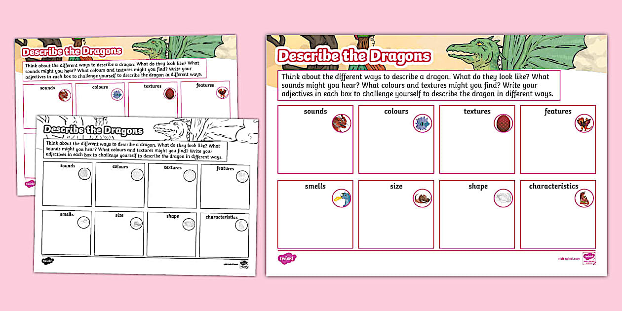 Dragons Adjectives Worksheet (teacher made) - Twinkl