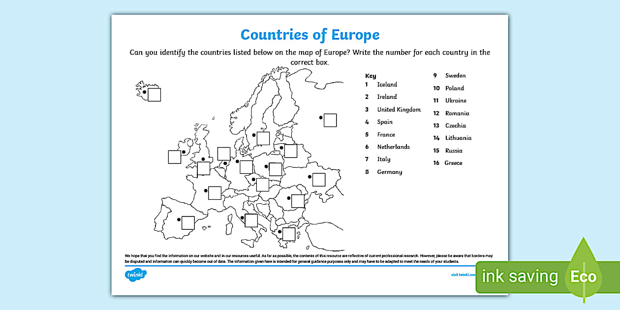 Editable Locating Countries of Europe Map Worksheet - Twinkl