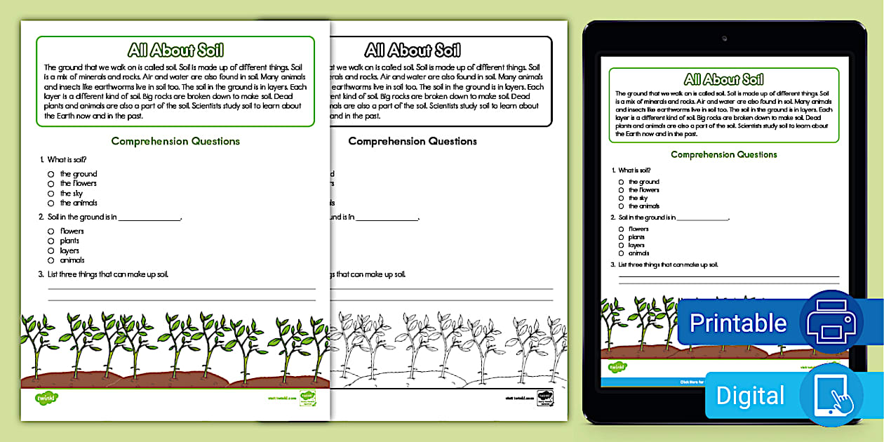First Grade All About Soil Reading Passage Comprehension Worksheet