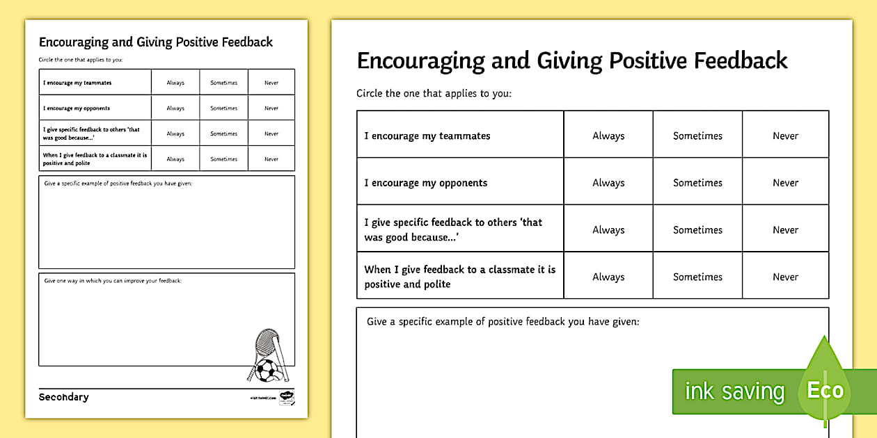 Encouraging and Giving Positive Feedback Worksheet - Twinkl