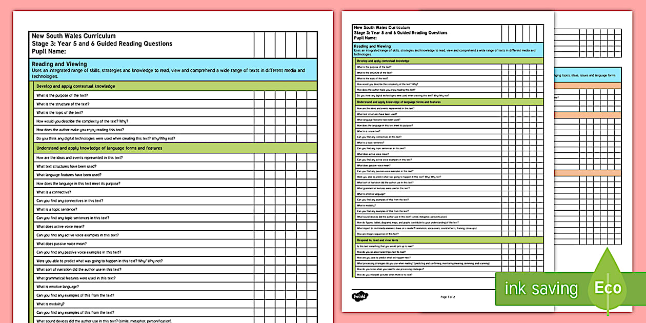 NSW Year 5 and 6 Guided Reading Assessment Guidelines Checklist