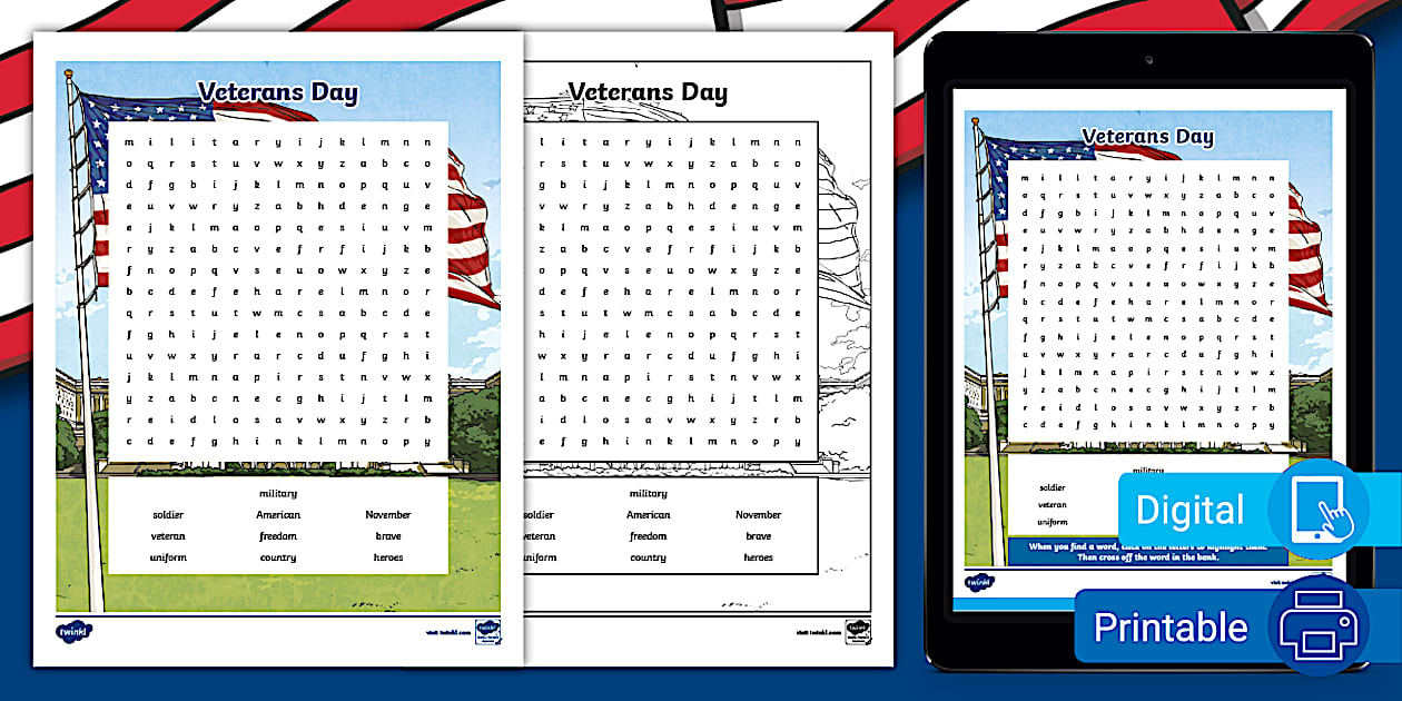 Printable Veterans Day Word Search for Kids | Twinkl USA