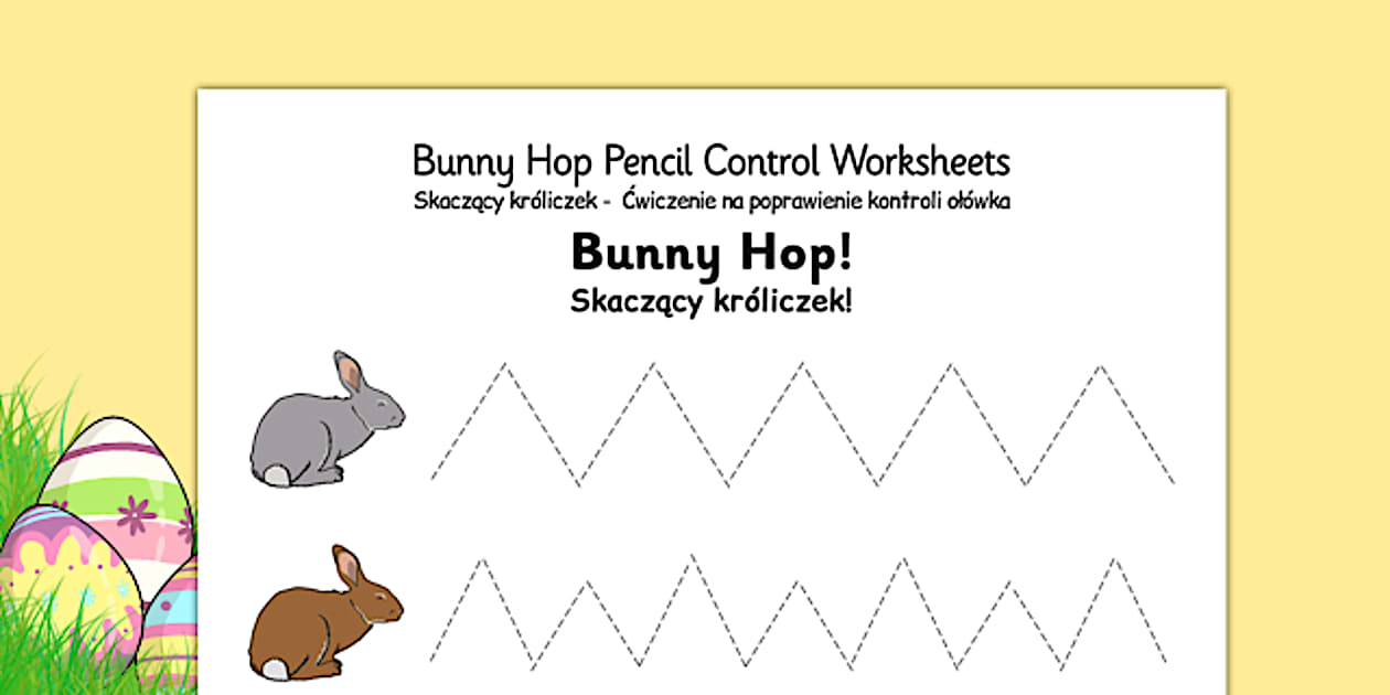 Black and White Bunny Hop Pencil Control Worksheets Polish Translation