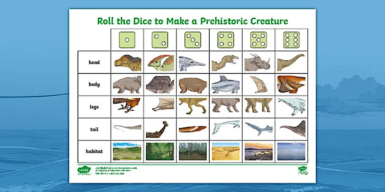 Roll and Draw a Prehistoric Creature Worksheet - Twinkl