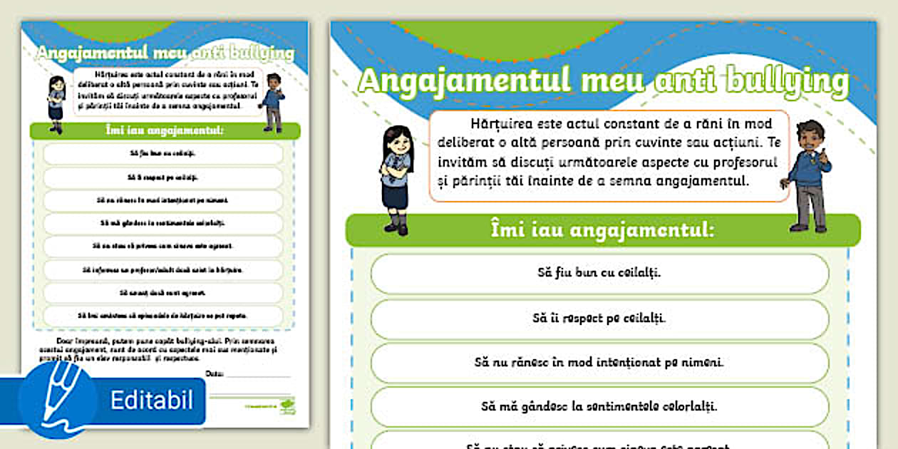 Angajament anti bullying – Fișă de lucru - Twinkl