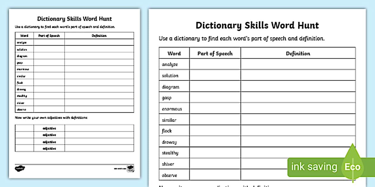 Dictionary Skills Word Table Worksheet / Worksheet - Twinkl