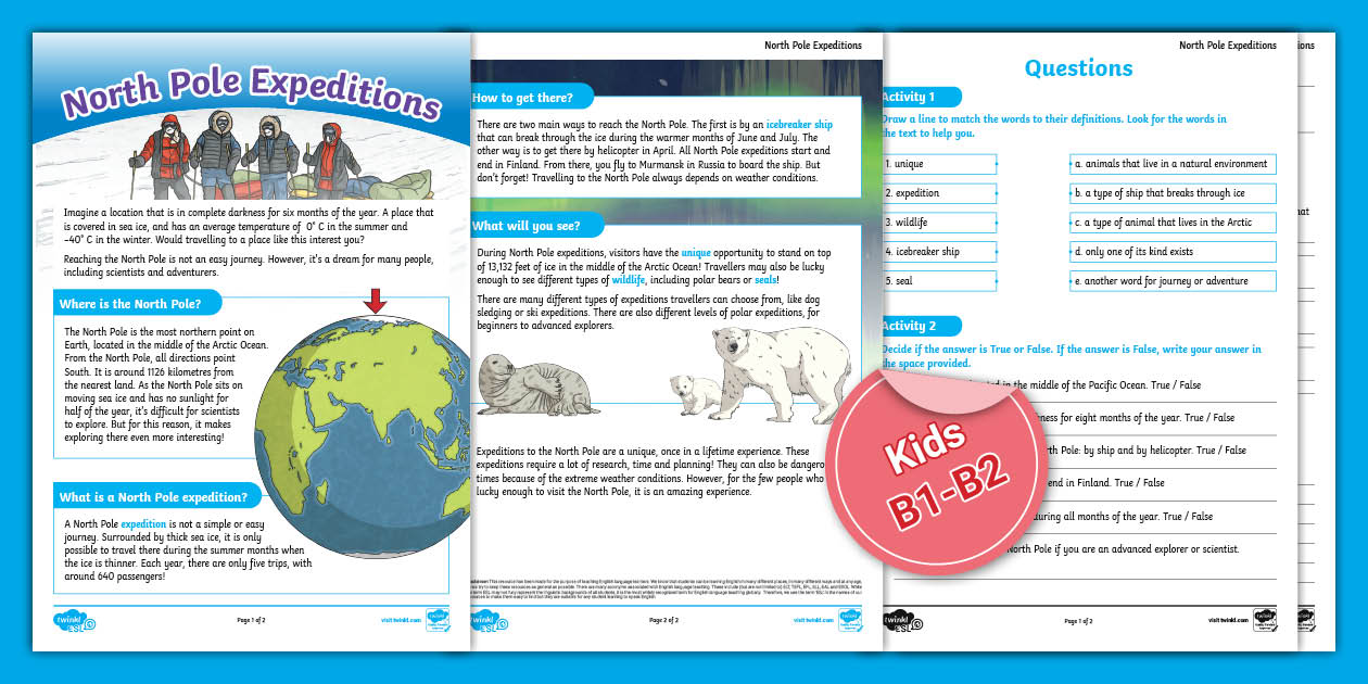 ESL North Pole Expeditions Reading Comprehension Worksheet