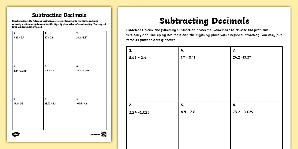 Seventh Grade Subtracting Decimals Practice - Twinkl