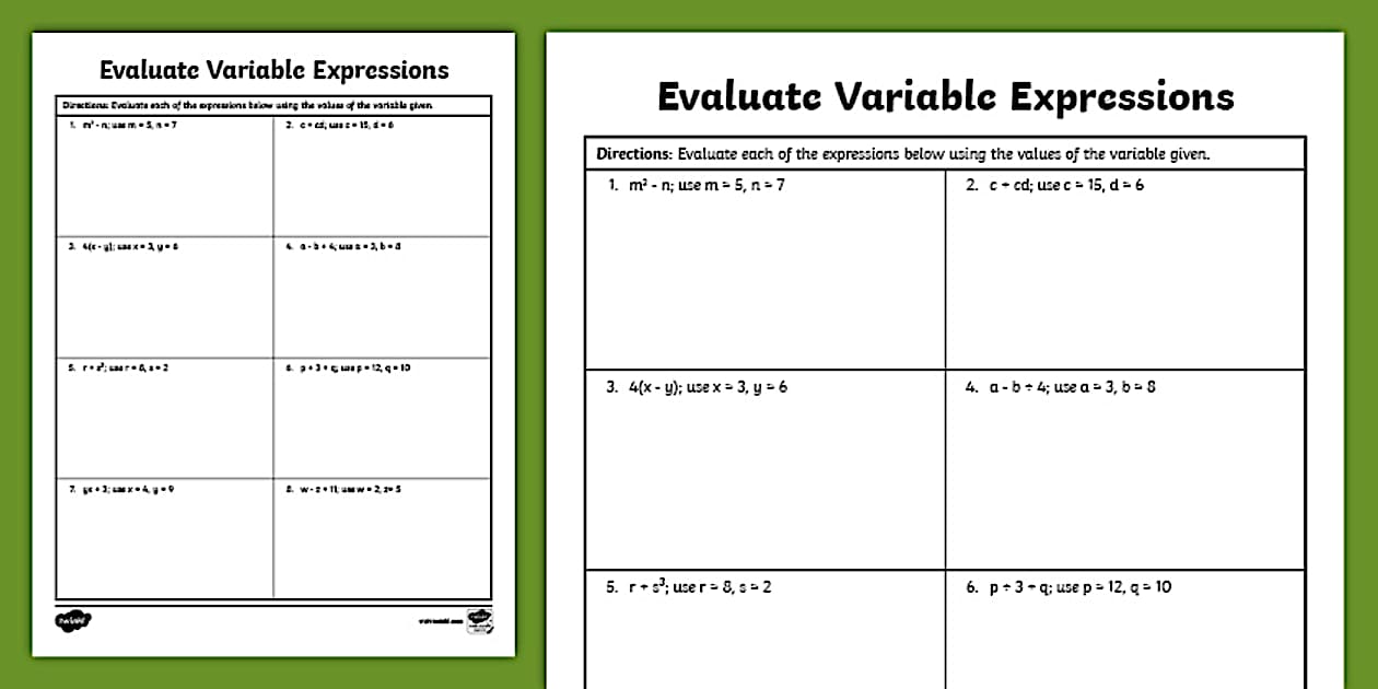 Seventh Grade Evaluate Variable Expressions (teacher made)