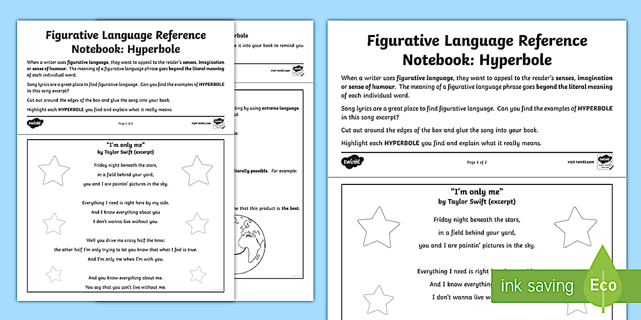 Figurative Language Reference Notebook: Hyperbole Worksheet for 3rd-5th ...