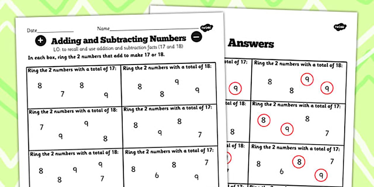 Number Facts to 20 Find Pairs to 17 and 18 Worksheet - number