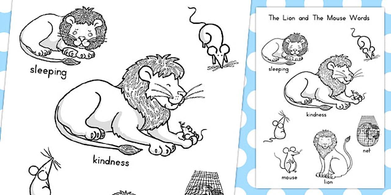 The Lion and the Mouse Words Colouring Sheet